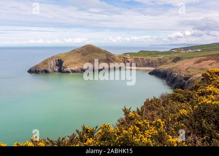 The sandy beach in the cove at Mwnt Bay west of Cardigan Wales UK, a ...