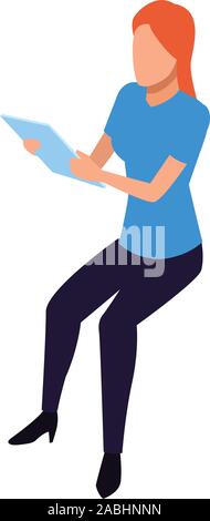 avatar woman sitting and using a tablet over white background, colorful ...