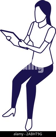 avatar woman sitting and using a tablet over white background, colorful ...