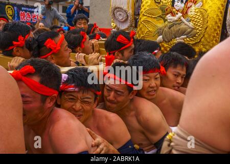 Himeji, Japan - October 15, 2019: Portable shrine carried by men in ...