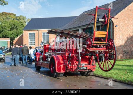 old red fire engine leyland truck 1940's wooden ladder UK England Stock ...