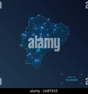 Ecuador dotted glowing map. Shape of the country with blue bright bulbs ...