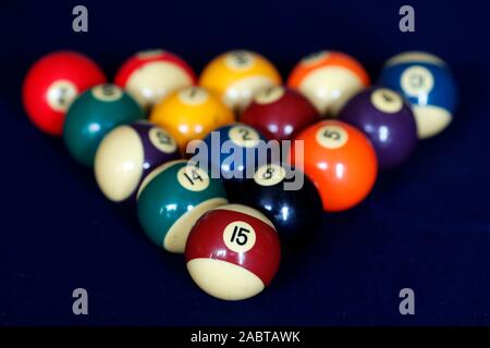 A game of pool with the balls lined up in an 8-ball formation on a ...