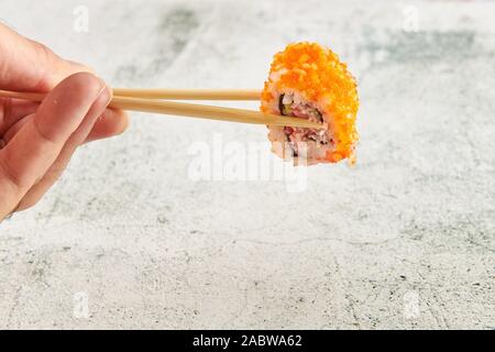 Chopsticks holding shrimp, tuna, salmon cubes. Hand-painted watercolor ...