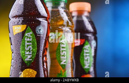 POZNAN, POL - JUN 5, 2019: Plastic bottles of Nestea, a brand of iced ...