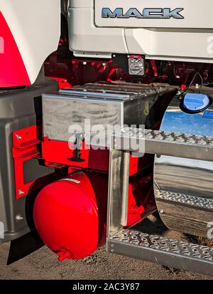 The battery box, DEF tank, and fuel tank are shown on a 2017 Mack ...