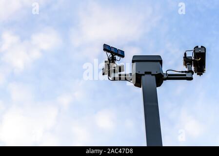 Two CCTV cameras stand on a snow-covered roof against a sky. Security ...