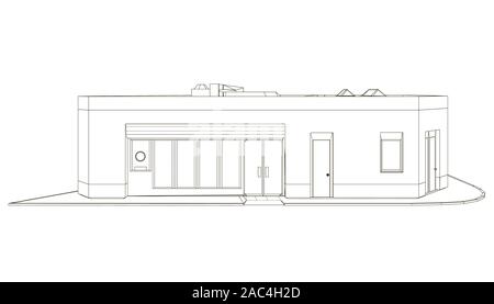 Shop building. Front and side view. 3d and outline drawing Stock Vector ...