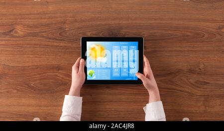 Man hand checking weekly weather forecast on tablet Stock Photo - Alamy