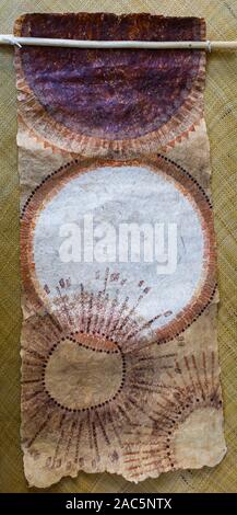 A close-up view of tapa (or kapa) cloth after it has been dyed and ...