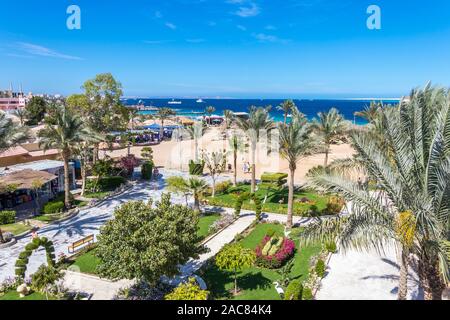 Hurghada, Egypt - April 17, 2019: Pictures of a water pool with bridge ...