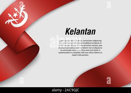 Waving flag of Kelantan is a state of Malaysia on white background ...