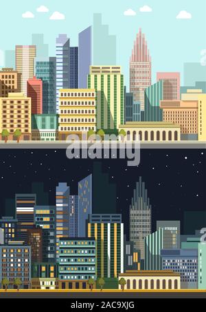 Daytime cityscape. Morning, day and night city skyline landscape, town ...
