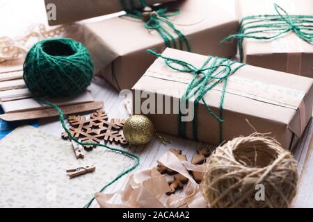 scrapbook background. christmas - girl packs gift Stock Photo - Alamy