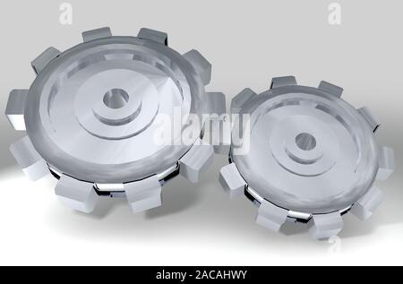 Cogs conceptual illustration of two 3d figures working a machine with ...
