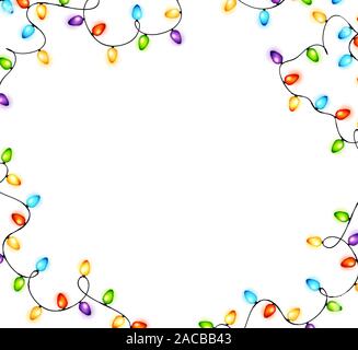 Frame with garland of light bulbs. Merry Christmas and Happy New Year ...
