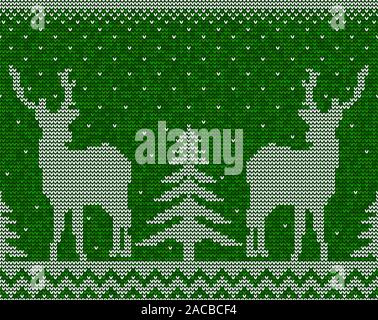 Knitted seamless pattern with deers and trees. Red and white sweater ...