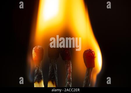 Bundles of burning matches in front of black Background, Close-up Stock ...