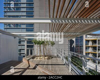 Timber slat canopy over communal rooftop terrace. Silo District Cape ...