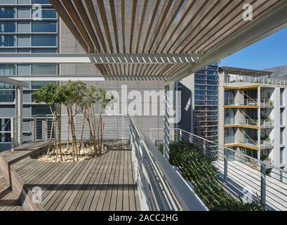 Timber slat canopy over communal rooftop terrace. Silo District Cape ...