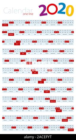 Linear calendar 2020. Horizontal grid with selected sundays. Yearly ...