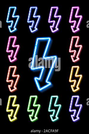 Neon lightning bolt icon. Glowing neon thunder flash sign, electrical ...