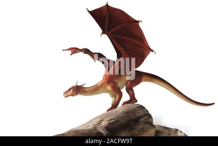 A huge red dragon is perched on a stone covered hill before a wide ...