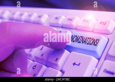 Writing note showing Nominations. Business concept for action of ...