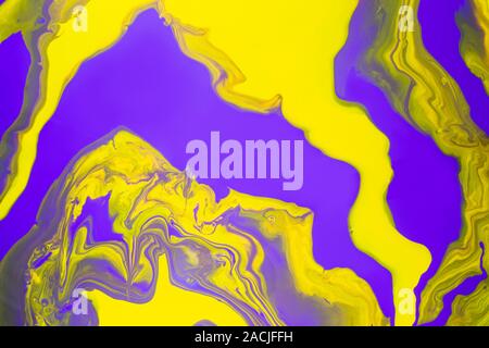 Glowing yellow waves and curls on purple background. Abstract marble ...