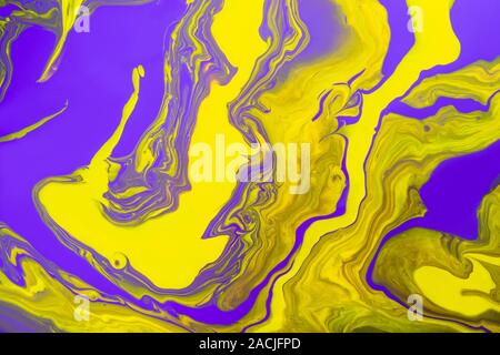 Acrylic Fluid Art. Glowing purple and yellow waves. Abstract marble ...