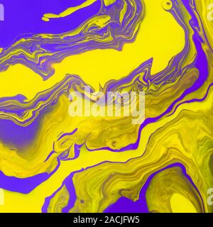 Glowing yellow waves and curls on purple background. Abstract marble ...