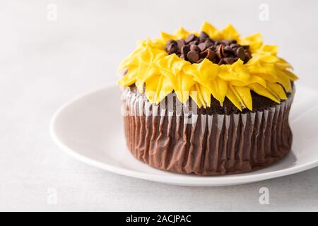 Beautiful sunflower decorated chocolate cupcake on aqua pastel ...