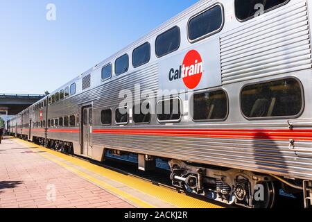 Close up of Caltrain logo on transit sign at commuter rail station, San ...