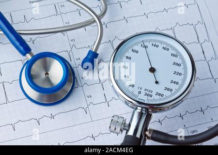 Blood pressure measurement and ECG curve. Sickness caused by high blood ...