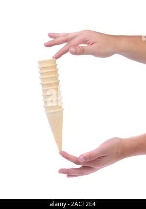 Hands holds stake of ice cream cones. White background Stock Photo - Alamy