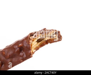 Bitten chocolate and milk wafer isolated on white background. Square ...