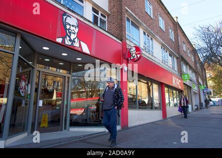 UK high street with KFC and Greggs the bakers fast food outlets Stock ...