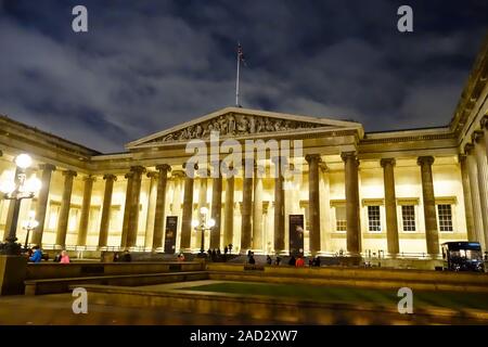 British Museum Front Entrance facade with carved sculptures, columns ...