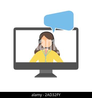 Happy female operator with headphones and microphone in blue circle. flat vector illustration ...