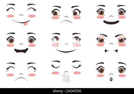 Cute Cartoon of Kawaii Face Expressions with Chibi Style Vector Set ...