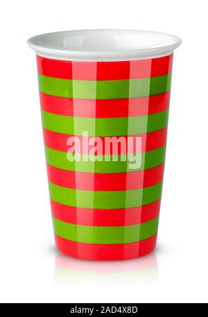 Red and green striped cup without handle isolated on white background ...