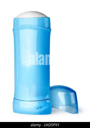 Blue and white plastic deodorant container isolated on a white ...