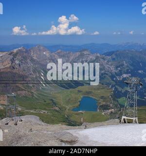 Lake Truebsee and mount Titlis glacier over Engelberg on the Swiss alps ...
