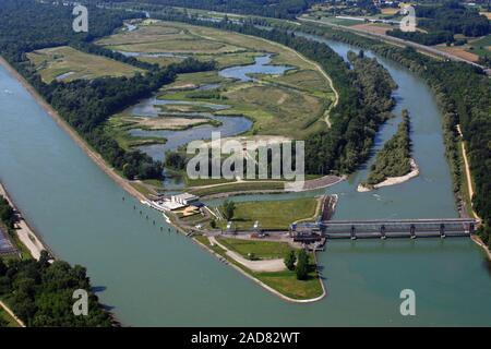 Aerial view of Grand Canal d'Alsace channelling upper Rhine river ...