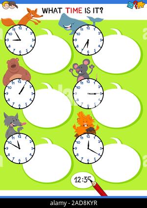 Telling time educational game with cartoon farm animals Stock Photo - Alamy