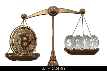 Scales with bitcoins and other currencies - 3d rendering Stock Photo ...