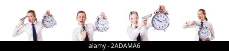 stressed young businesswoman with clock running Stock Photo - Alamy