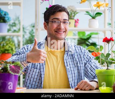 Young man florist working in a flower shop Stock Photo - Alamy