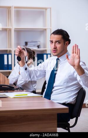 Office, communication and phone call with stop hand for distraction ...