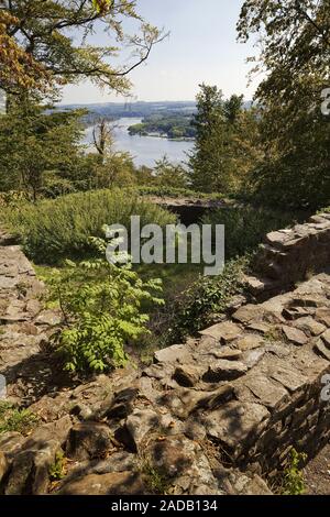 Neue Isenburg castle ruin with a view to lake Baldeney, Essen, Ruhr ...